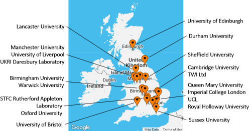 Locations of the UK institutes collaborating on the DUNE experiment